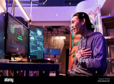 Excited Hacking System Successfully While Doing Illegal Activities In Abandoned Warehouse Happy