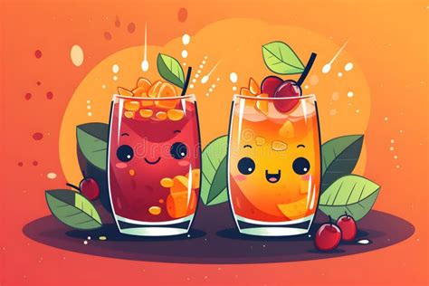 Kawaii Chibi Funny Cocktail Drinks Mocktails Stock Illustration