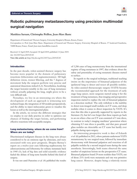 Pdf Robotic Pulmonary Metastasectomy Using Precision Multimodal Surgical Navigation