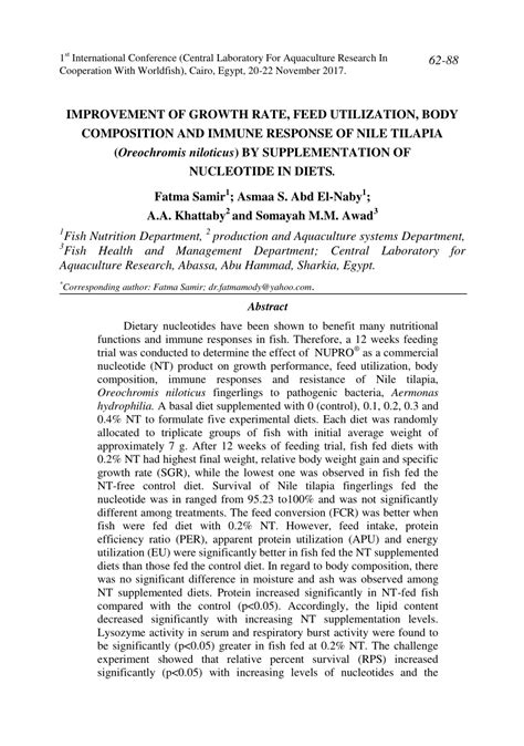 Pdf Improvement Of Growth Rate Feed Utilization Body Composition And Immune Response Of Nile