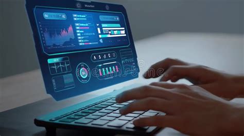 Futuristic Holographic Interface Operated By Hands On Keyboard For Data