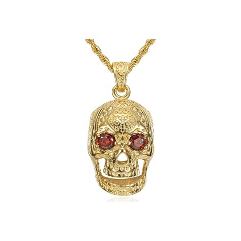 Gypsy Biker Skull Necklace Stainless Steel Gold Ruby Eyes