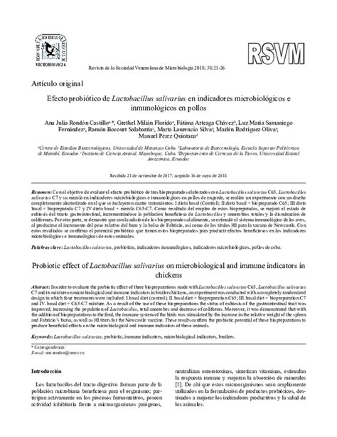 Pdf Efecto Probiótico De Lactobacillus Salivarius En Indicadores