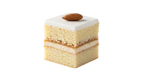 Delicious Square Slice Of Vanilla Cake With Caramel Filling And Almond