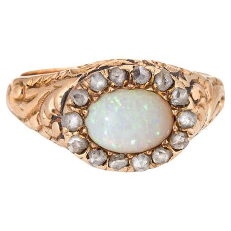 Antique Victorian Opal Diamond Ring 14k Yellow Gold Sz 575 Fine