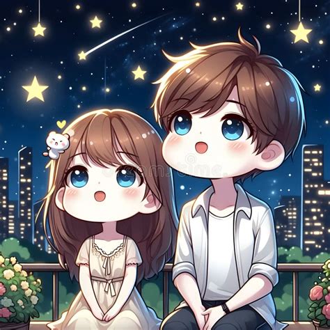 Happy Chibi Love Couple Stargazing Illustration Stock Illustration