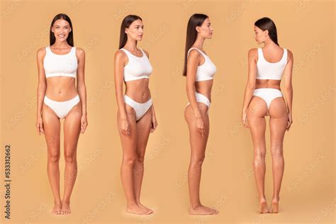 Front Side And Back View Of Slim Lady In Underwear Posing And