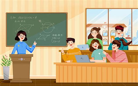 黄色大学教室上课插画卡通青春校园插画