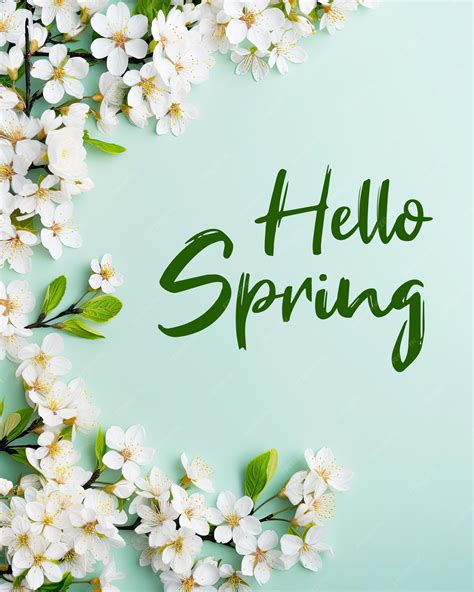 Premium Psd Hello Spring Poster Template With Spring Border Background With White Flowers Flat Lay