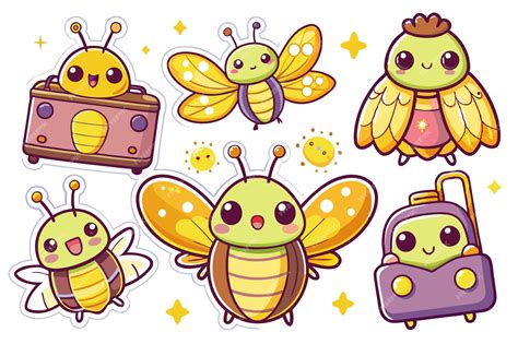 A Set Of Six Cute Cartoon Bugs With Big Eyes And Smiling Faces They Are