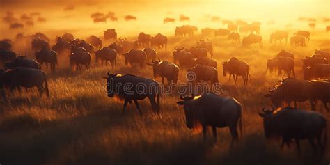 Herd Of Wildebeest Migrating Across The Plains Background For Great