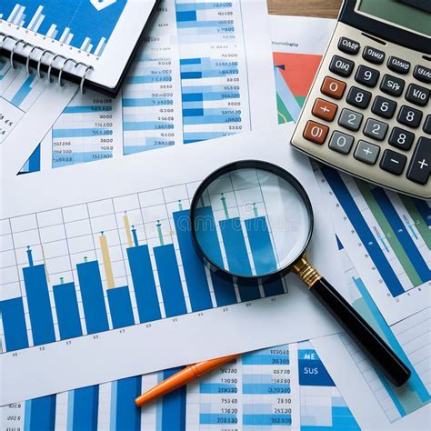 Financial Analysis Desk Setup With Documents Magnifying Glass Blue Bar Chart And Calculator