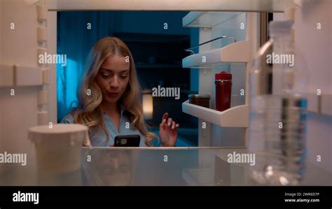 Point Of View Pov Inside Refrigerator Caucasian Girl Hungry Woman Open