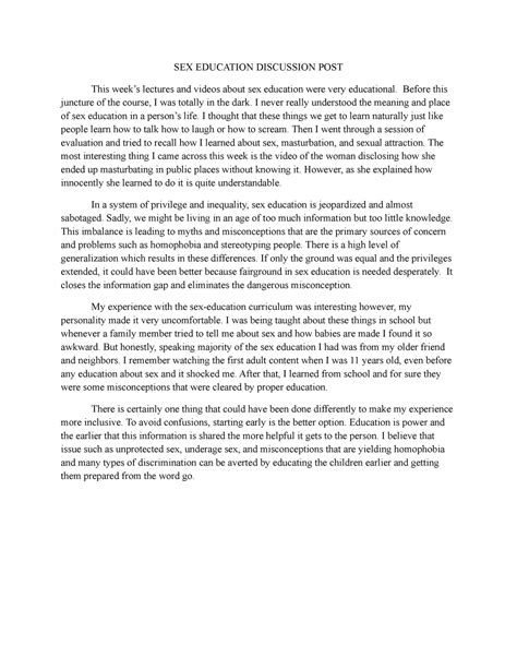 2050901 Assignment 2 Sex Education Discussion Post This Weeks Lectures And Videos About Sex