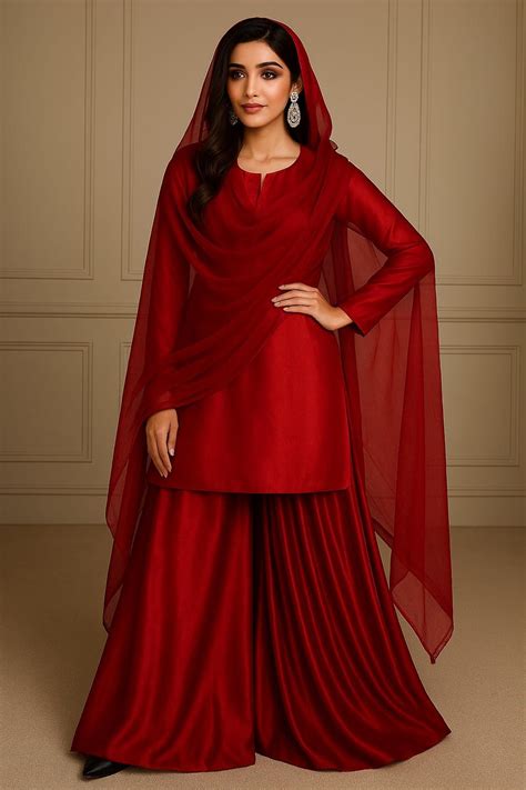 Wide Leg Silk Shalwar Kameez With Crinkle Chiffon Dupatta Pakistani