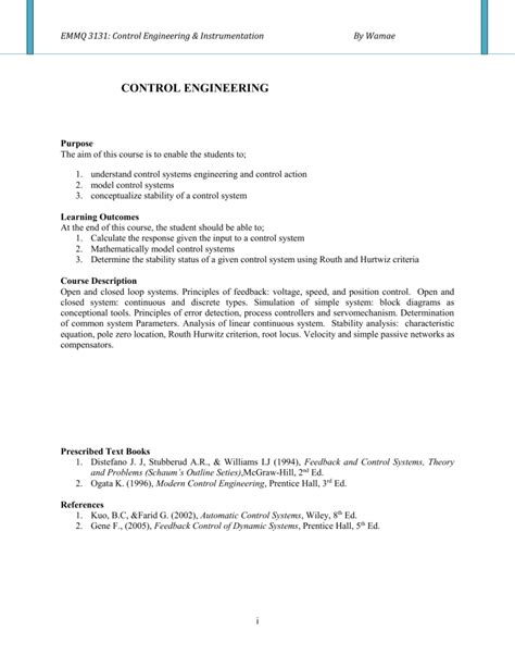 Emmq 3131 Control Engineering And Instrumentation Course Outline