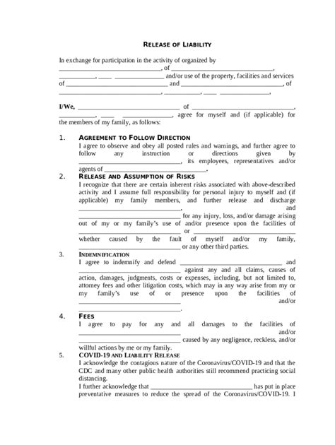 Release Of Liability For Use Of Property Facilities And Services Doc