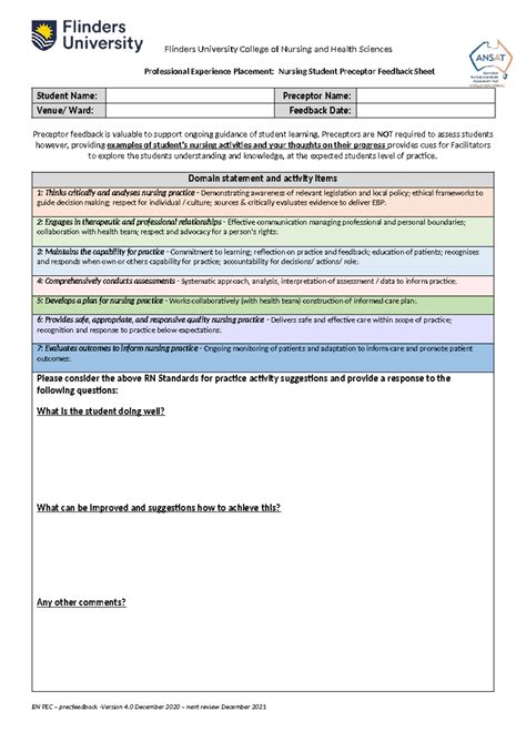 Nursing Student Preceptor Feedback Sheet Bn Pec 40 Studocu