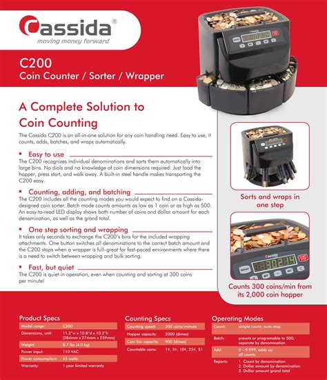 Cassida C200 Coin Sorter Counter And Wrapper C 200 Coin Sorters