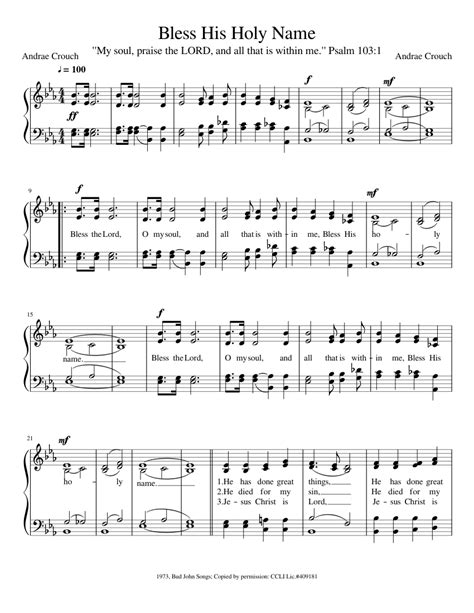 Bless His Holy Name Andraé Crouch Sheet Music For Piano Solo Easy