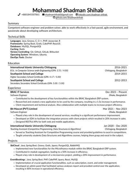 Swe Resume Template 1 10 Pdf Computing Software Engineering