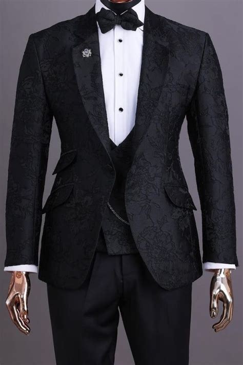 Abbott Modern Handmade 3 Piece Black Jacquard Mens Wedding Suit