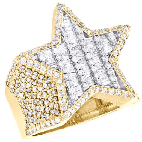 10k Yellow Gold Round And Baguette Diamond Star Statement 24mm Pinky Ring