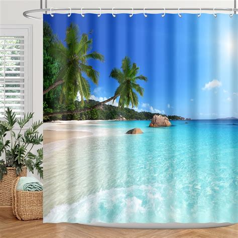 Biysuc Ocean Beach Shower Curtain Blue Sky Tropical Sunshine Sand Sea