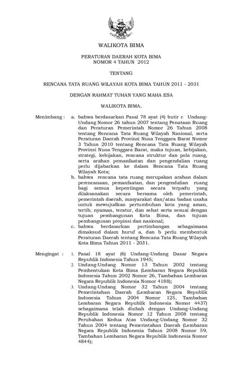 Peraturan Daerah Kota Bima No 4 Tahun 2012 Tentang Rencana Tata Ruang