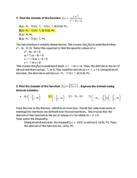 Pre Calculus Practice Questions 112 1 Find The Domain Of The