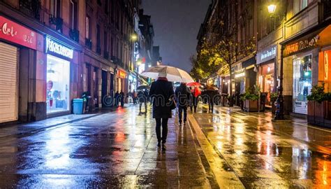 Rain Slick Pavement Reflective Umbrellas Cinematic Vibe Nighttime