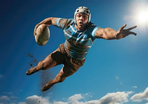 Premium Photo A Photorealistic Image Of A Rugby Player Diving To Catch The Ball Frozen In