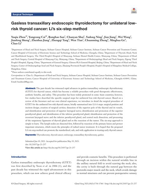 Pdf Gasless Transaxillary Endoscopic Thyroidectomy For Unilateral Low Risk Thyroid Cancer Li
