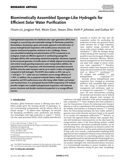 Biomimetically Assembled Sponge‐like Hydrogels For Efficient Solar Water Purification Request Pdf