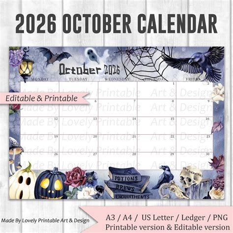 Editable October 2026 Calendar Happy Spooky Halloween Planner Mon