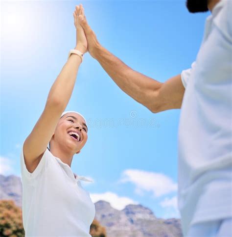 Couple High Five And Nature With Love Happy In Low Angle For Vacation Holiday Or Romance In