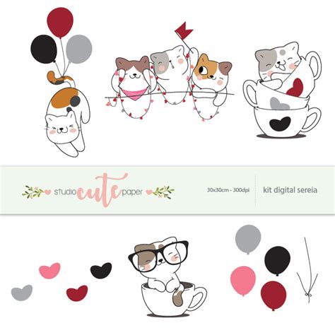 Kit Digital Cute Cat Arquivo De Topo De Bolo