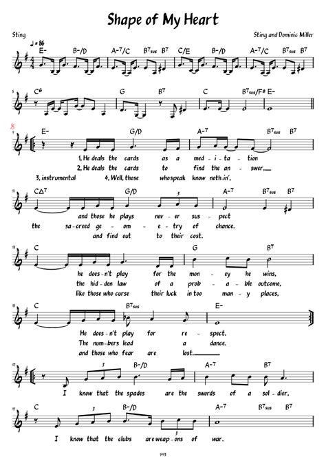 Shape Of My Heart Lead Sheet With Lyrics Sheet Music For Piano Solo