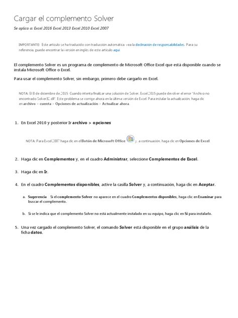 Cargar El Complemento Solver Excel Pdf