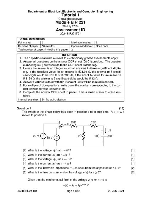 2024 Tut Test 1 Department Of Electrical Electronic And Computer