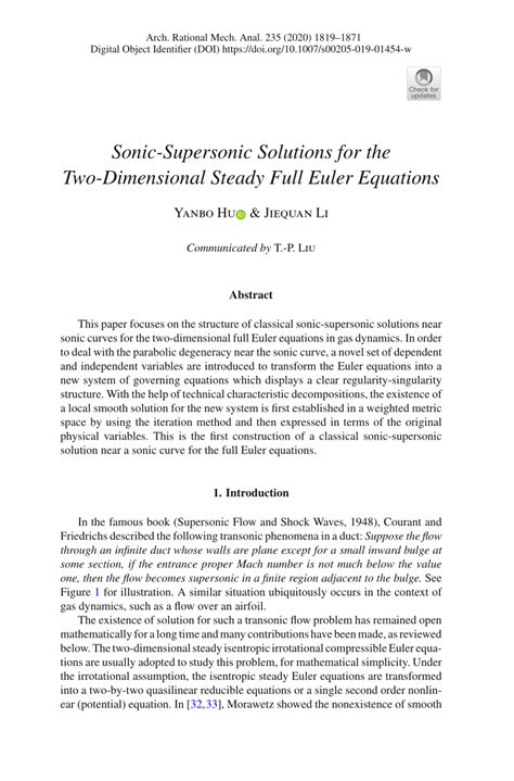 Pdf Sonic Supersonic Solutions For The Two Dimensional Steady Full Euler Equations