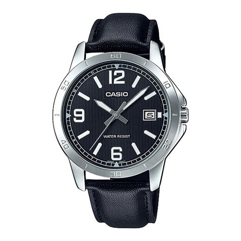 Casio Black Leather Strap Black Dial Quartz Watch For Gents Mtp V004