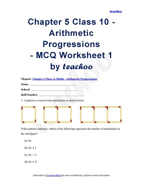 Arithmetic Progressions Mcqs Download Pdf Worksheet Class 10