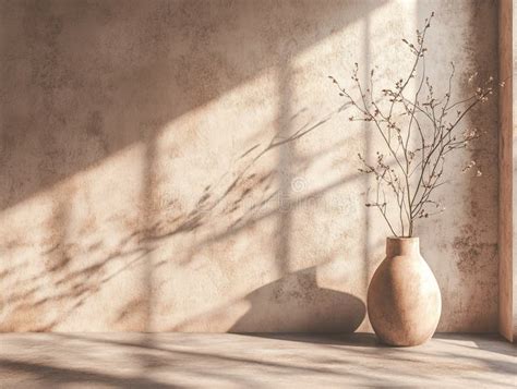 Neutral Interior With Vase Light And Shadow Minimalist Design Stock