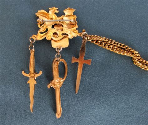 Brass Chatelaine Brooch Shriners Scimitar Crescent Mo Gem