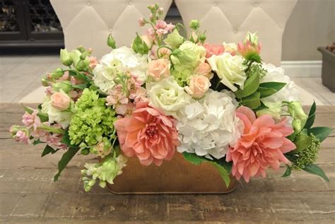 Rectangular Table Centerpiece With Dahlias Hydrangea Lisianthus