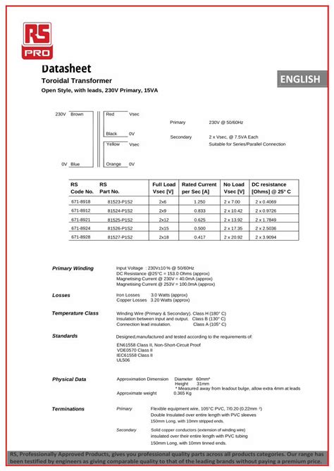 Pdf Datasheet Toroidal Transformer English Dokumentips