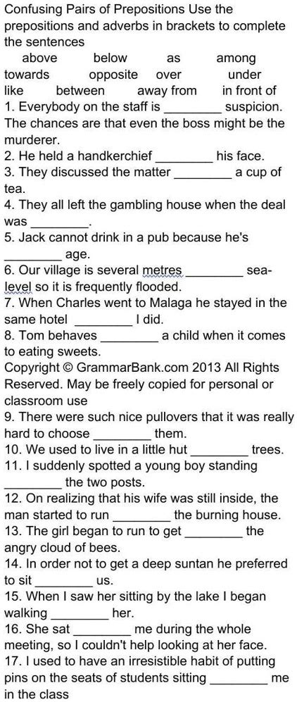 Prepositions Fill In The Blanks Confusing Pairs Of Prepositions Use The Prepositions And Adverbs