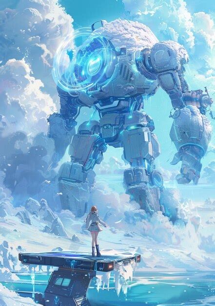 Anime Art Of A Giant Robot Standing On A Platform In The Sky Generative