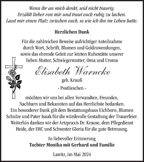 Traueranzeigen Von Elisabeth Warncke Märkische Onlinezeitung Trauerportal